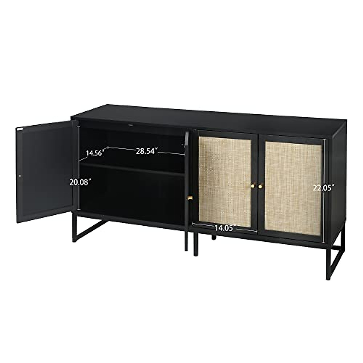 QEIUZON Modern Sideboard Cabinet, Accent Storage Cabinet with Rattan Doors and Adjustable Shelves, Freestanding Sideboard Storage Cabinet for Kitchen Dining Living Room Hallway Office (Black)