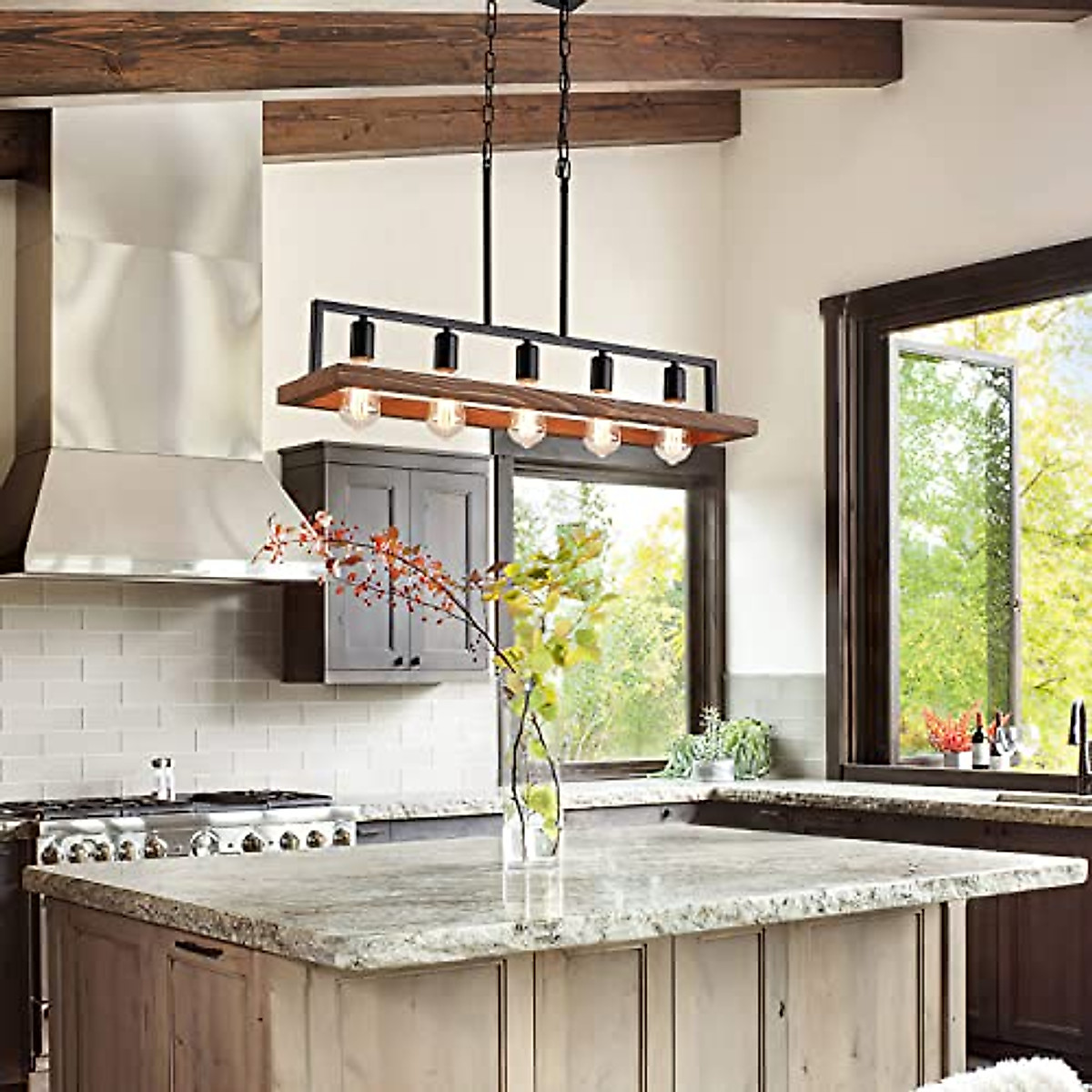 Fivess Lighting 5-Light Rustic Wood Kitchen Island Lighting,Oak Wood and Metal Linear Chandelier,Retro Industrial Pendant Light Fixture for Kitchen Island Dining Room Farmhouse,Black
