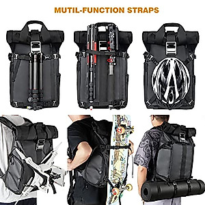 Besnfoto Camera Backpack Waterproof, Photography Bag Roll Top for DSLR SLR Mirrorless Camera with Laptop Compartment Tripod Holder Large Capacity for Hiking Travel Men