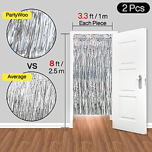 PartyWoo Foil Fringe Curtains Silver, 2 pcs 3.3x6.6 ft Silver Streamers, Fringe Backdrop, Tinsel Backdrop, Tinsel Curtain, Metallic Door Shimmer, Birthday Party Streamers, Christmas Decorations