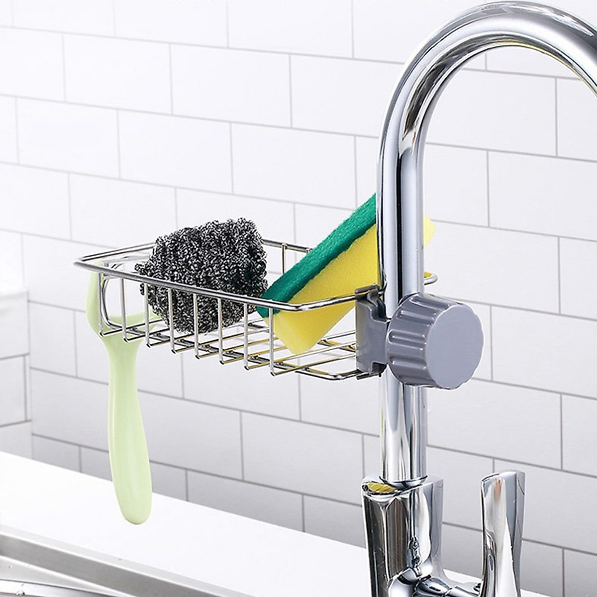 HyStarsigo Sponge Holder for Kitchen Sink, Adjustable Detachable Sponge Holder Over Faucet, Stainless Steel Faucet Rack for Kitchen, Sink Caddy Sponge Holder, Kitchen Sink Organizer