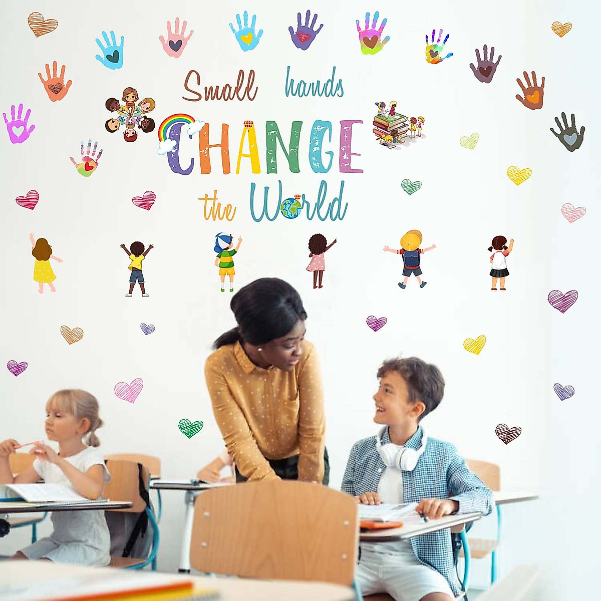 HATARU Colorful Inspirational Saying Wall Decals,Motivational Quotes Wall Stickers,Small Hands Wall Decals Nursery Decor,Change The World Handprints Wall Decals for Kids Room Classroom Decor