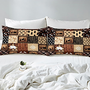 Bear Comforter Set Cute Elk Print Bedding Set for Teens Farmhouse Wild Animals Style Bedding Set Plaid Grid Geocmetric Brown Black Duvet Set Room Decor 2Pcs with 1 Pillow Case Twin Size