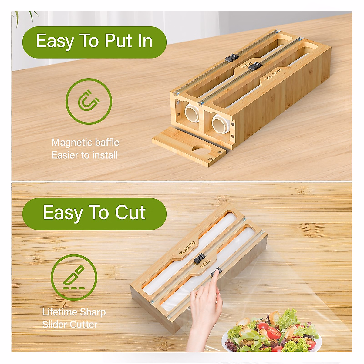 KOCWELL Bamboo Bag Storage Organizer - 2 Wrap Dispenser with Cutter & 4 Slots Food Storage Bags Container - Kitchen Drawer Plastic Bags Storage Organization for Gallon Quart Sandwich Snack Bags