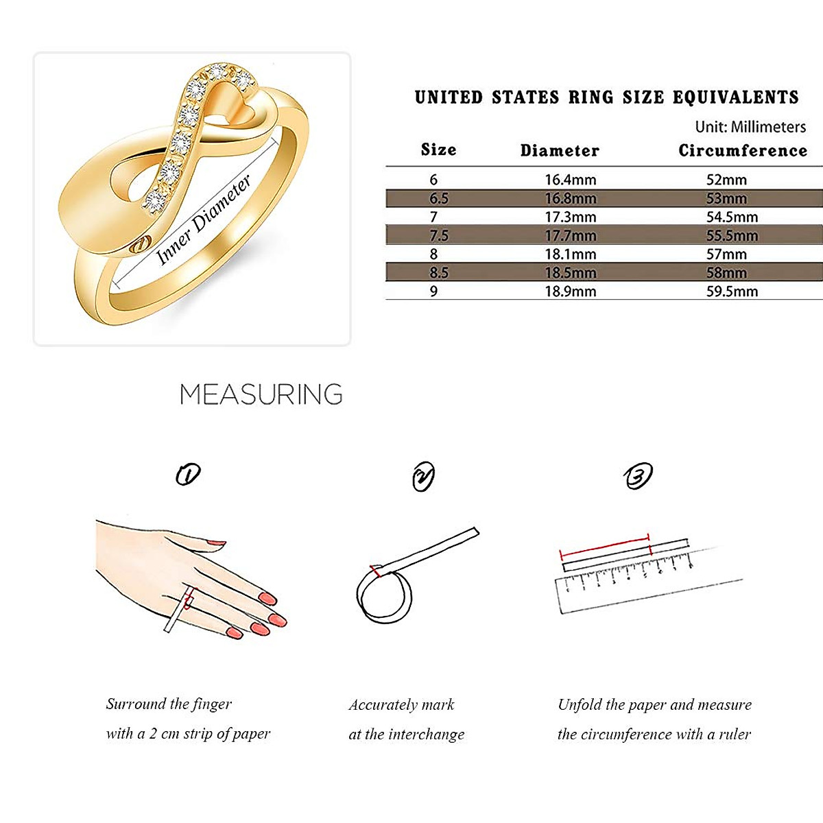 XSMZB Cremation Ring for Ashes Crystal Infinity Ring Memorial Keepsake Urn Ring Holder Ash for Pet/Human Urn Ring for Women (Gold, 6)