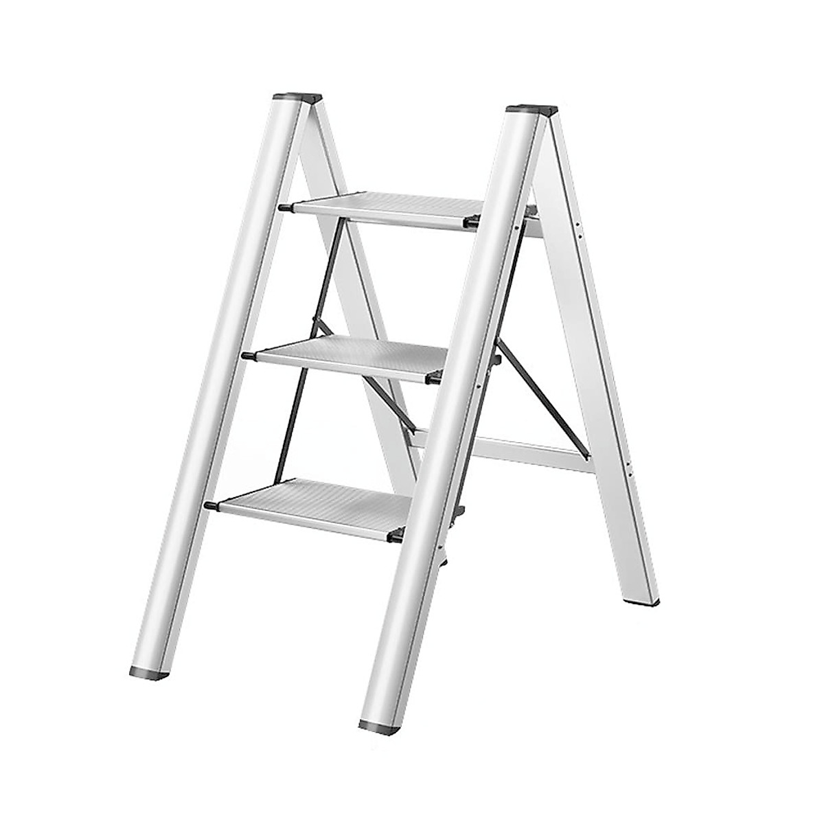 LIYIVNAA 3 Step Ladder Folding Step Stool with Anti-Slip Wide Pedal 330lbs Capacity Lightweight Portable Aluminum Silver Stepladder Household Tool for Home Kitchen Office
