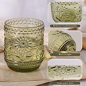 Airsky Set of 6 Olive Green Vintage Drinking Glassware- 12OZ Green Glass Drinking Cups, Thick Farmhouse Drinking Glasses, Embossed Kitchen Glassware for Soda Lemonade Cocktail Wine, Dishwasher Safe