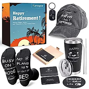 Karsspor 7 PCS Retirement Gifts for Men, Retirement Gift With Insulated Tumbler, Baseball Cap, Socks, Funny Business Cards, Leather Coaster, Key Chain, Great Retirement Gift For Retirees