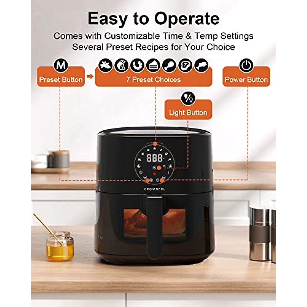 CROWNFUL 5 Quart Air Fryer with Viewing Window, Oilless Cooker, LCD Digital Touch Screen, 7 Cooking Presets and 53 Recipes, Nonstick Basket, Easy to Clean, 1500W ETL Listed (Black)