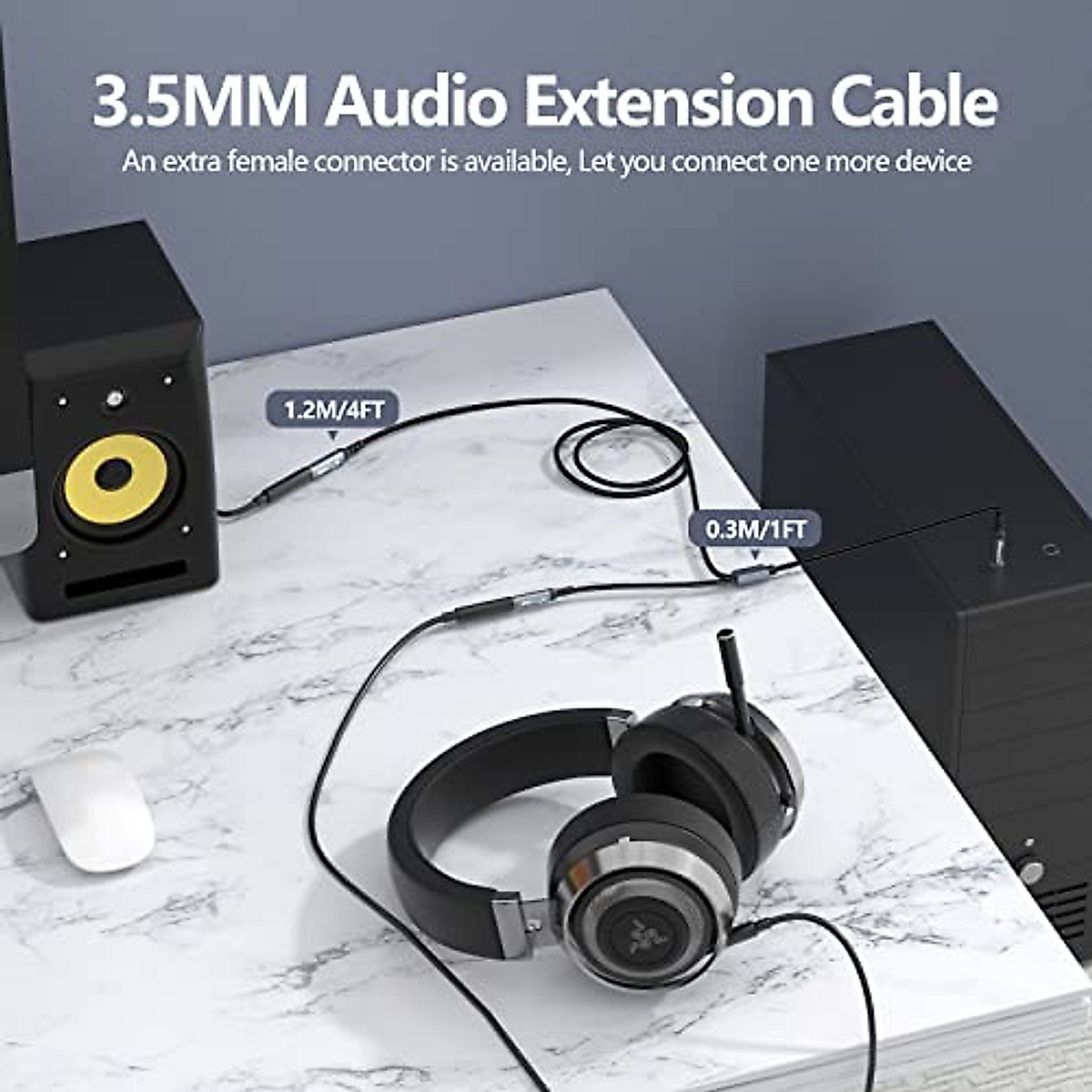 KOOPAO 3.5mm Headphone Extension Cable, [2 in 1] Hi-Fi Sound 3.5mm Male to Female Stereo Audio Cable Extension Cord for Phones, Headphones, Speakers, Tablets, PCs, MP3 Players and More (4FT/1.2M)