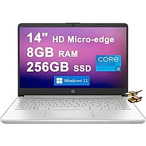 HP Laptop 14 Business Computer 14" HD Micro-edge BrightView 11th Generation Intel Quad-core i5-1135G7 (Beats i7-1065G7) 8GB RAM 256GB SSD Iris Xe Graphic USB-C Win11 Silver + HDMI Cable