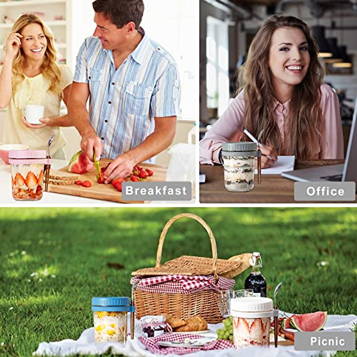 4 Pack Food Grade Overnight Oats Containers with Lids and Spoon, 16 oz Mason Jars for Overnight Oats with Measurement Marks, Large Capacity Airtight Oats Jars for Cereal Milk Yogurt Vegetable Fruit