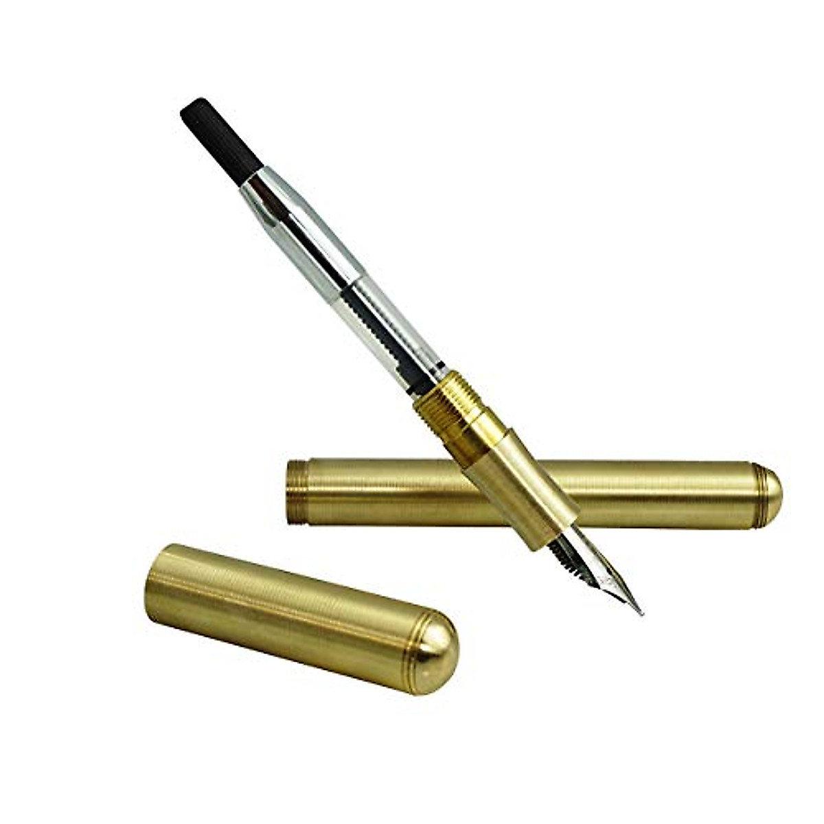 Lanxivi Brass Fountain Pen EF Bent Nib 0.7mm,Travel Pocket Fude Pen, Unique Style Bullet Shape with Metal Box