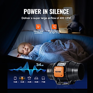 VEVOR Inline Duct Fan, 6-Inch 400 CFM with Variable Speed Controller, Quiet AC-motor Ventilation Exhaust Fan for Cooling Booster, Grow Tents, Hydroponics