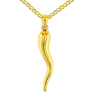 Jewelry America 14K Yellow Gold Polished Large Cornicello Horn Pendant with Chain Necklace, 24"