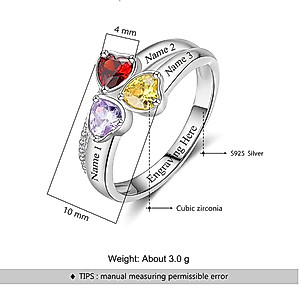 Mother's Day Gift Personalized Mother Daughter Ring with 3 Simulated Birthstones and Names 18K White Gold Filled 925 Sterling Silver Based Ring Customized Family Name Rings for Mother Grandmother Women Wife Birthday Mother’s Day Gift (A)