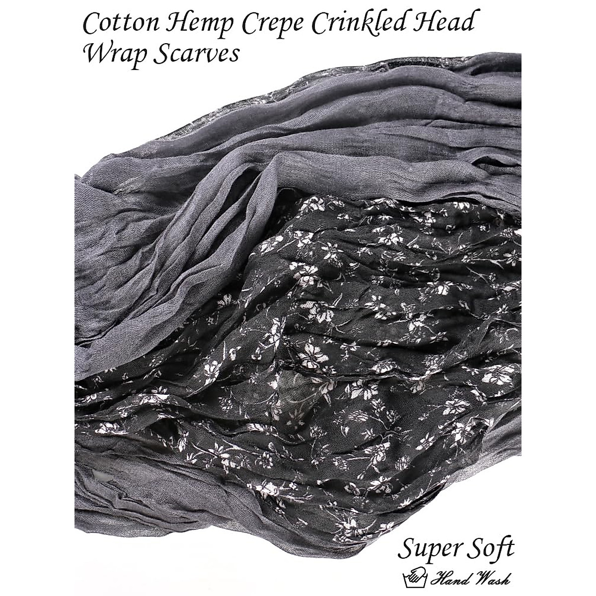 2 In 1 Floral Boho Headwear Hijab Scarf for Travel Soft Cotton Hemp Crepe Crinkled Head Wrap Turban for Woman