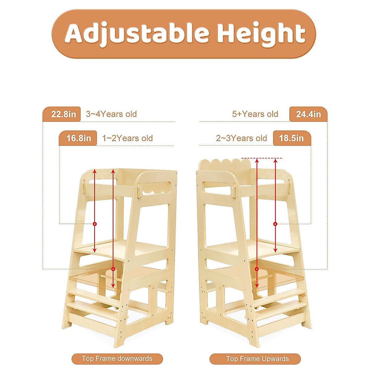 Lauon Step Stools for Kids, Adjustable Height Toddler Montessori Wooden Tower - Safe Anti-Drop Kitchen Stool Helper, Standing Tower for Bathroom & Counter