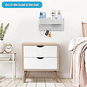 SZWQILIN Bedside Shelf Accessories Organizer - Wall-Mounted Bedside Shelf Multifunctional Self-Adhesive Organizer Box with Hooks Easily Install and Use Suitable for Family, Dorm,Office (White)