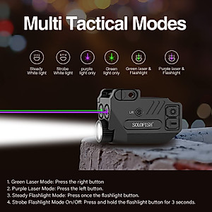 SOLOFISH 500 Lumens Pistol Light with Purple Green Laser Sight and Strobe Tactical Flashlight Combo, Rechargeable Weapon Light and Beams for Guns/Handguns W/a Rail