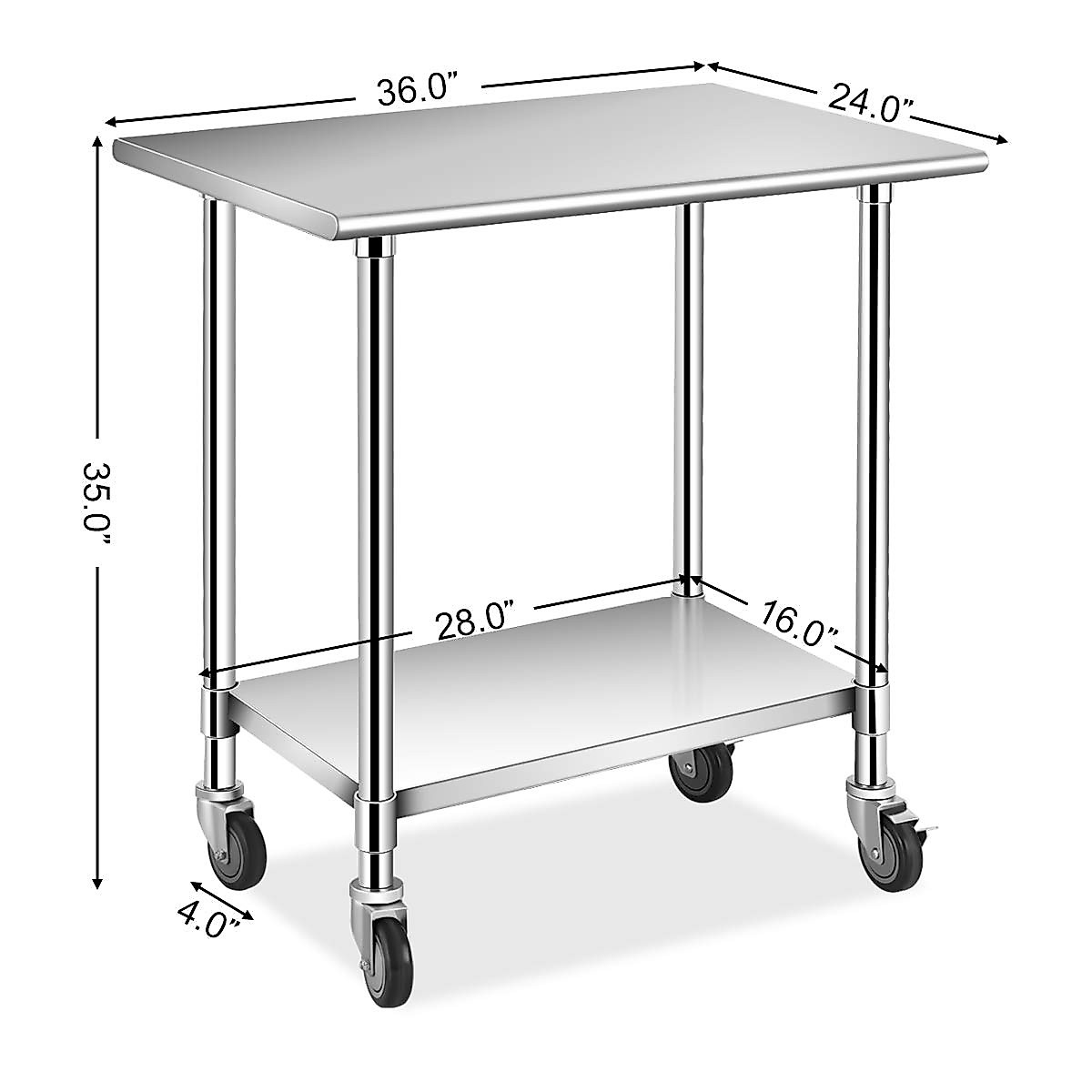 Giantex 36 × 24 Inches Stainless Steel Table w/ 4 Caster Wheels, Commercial Work Prep Table with Adjustable Lower Galvanized Shelf, Heavy Duty Metal Table for Restaurant, Kitchen