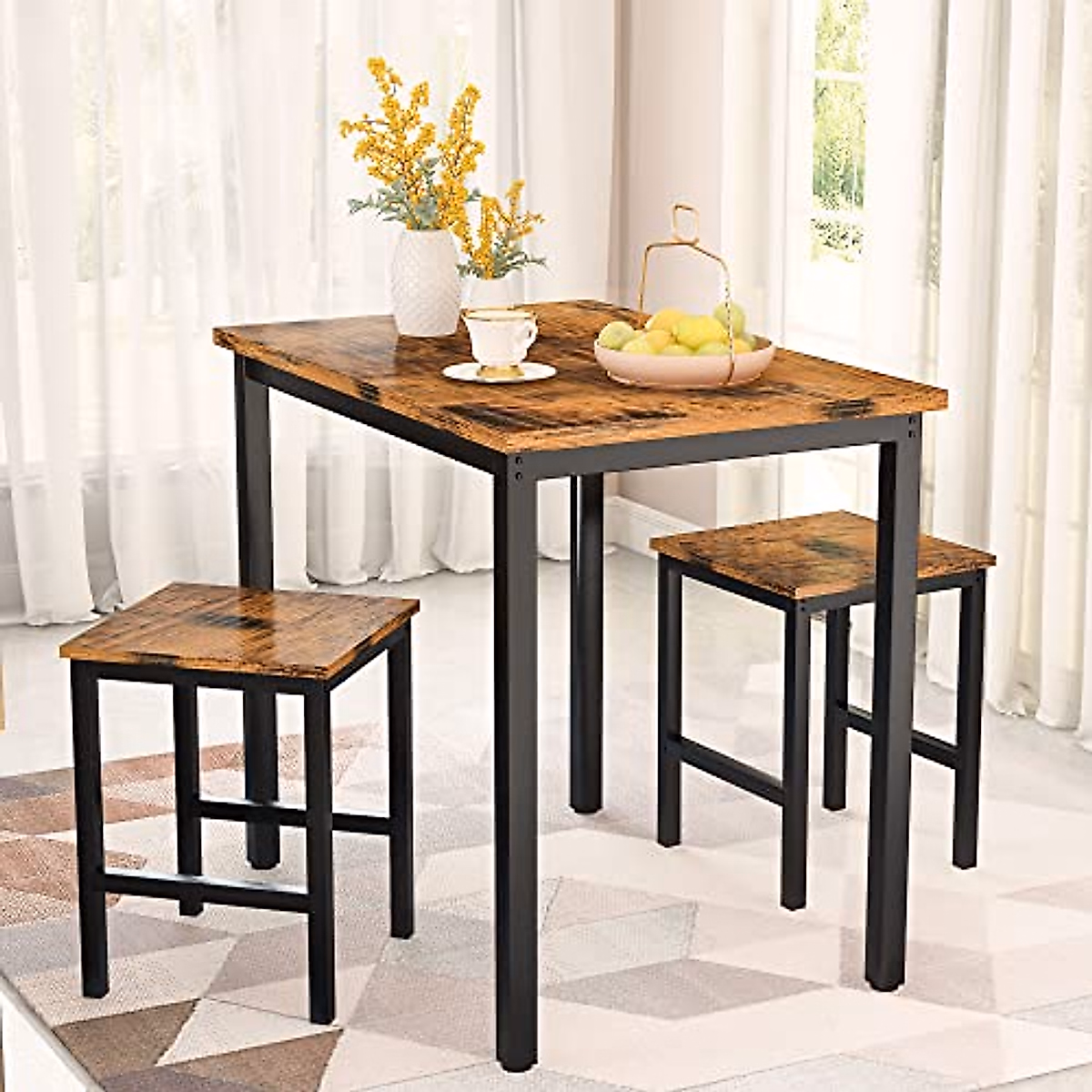 Recaceik 3 Piece Chairs for 2, Modern Wood Room, Small Dining Breakfast Table Set with 2 Stools & Metal Frame for Kitchen, 35 Inch, Brown