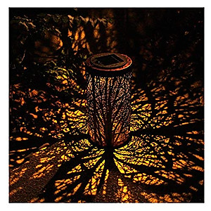 MaoTopCom 2-Pack Solar Lanterns Outdoor Hanging Lights, Waterproof Decorative Metal Cylindrical Hollow Tree Branches Shape Warm White LED Solar Lights Retro Table Lamp for Garden Yard Patio, Bronze