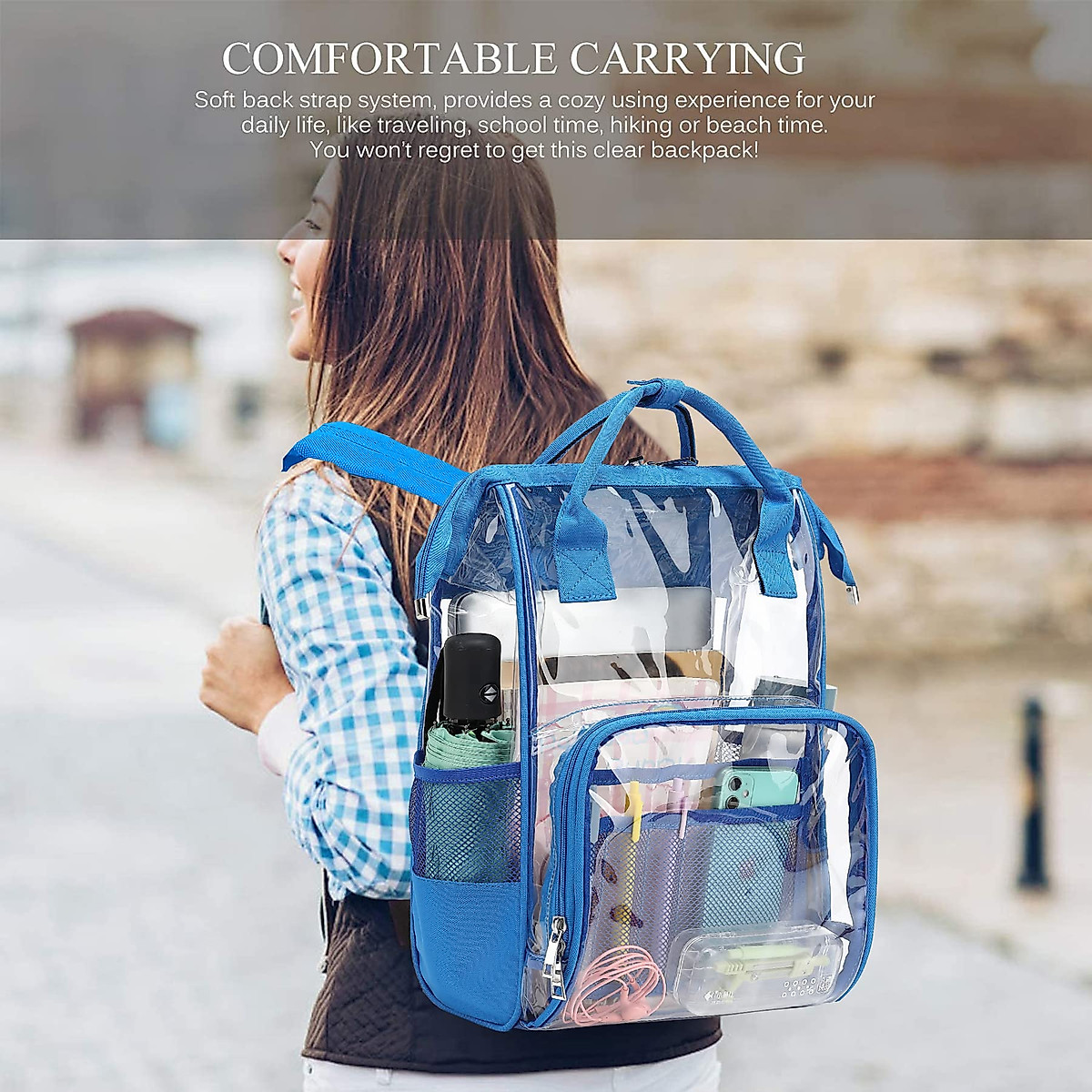 Yusudan Heavy Duty Clear Backpack for Men Women, School Bag Bookbag PVC Plastic Transparent Backpacks for Boys Girls (Blue)