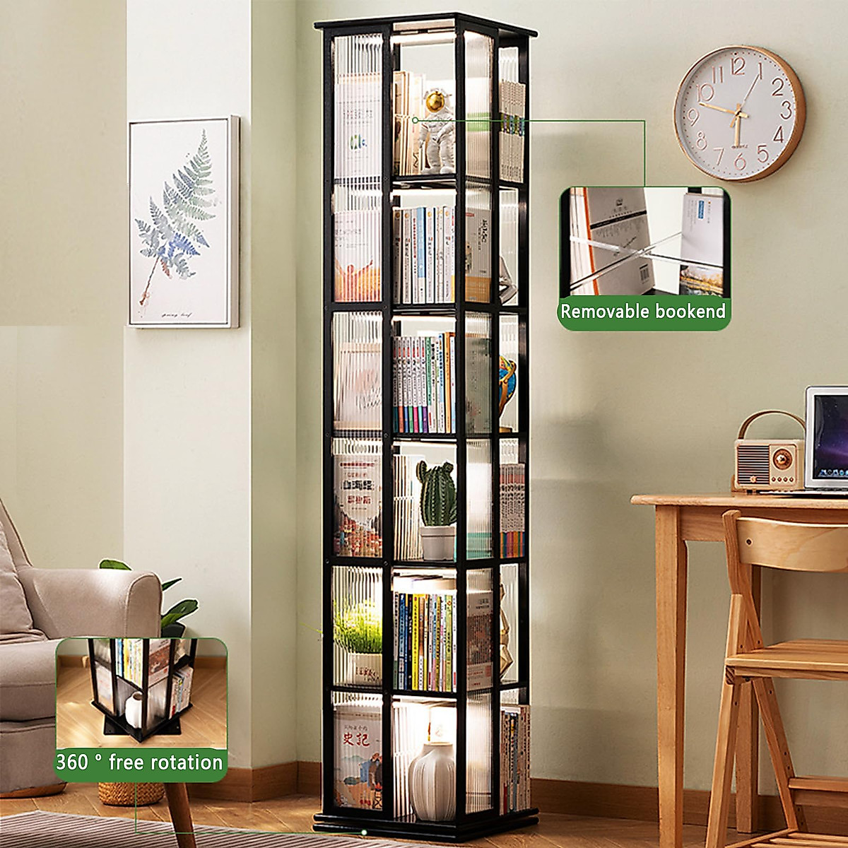 BVOUVOI 360° Rotating Bookshelf Tower 6Tier Spinning Bookcase Lazy Susan Floor Standing Book Shelf Storage Rack Revolving Book Display Shelf for Home Office, Living Room, Bedroom (Black)