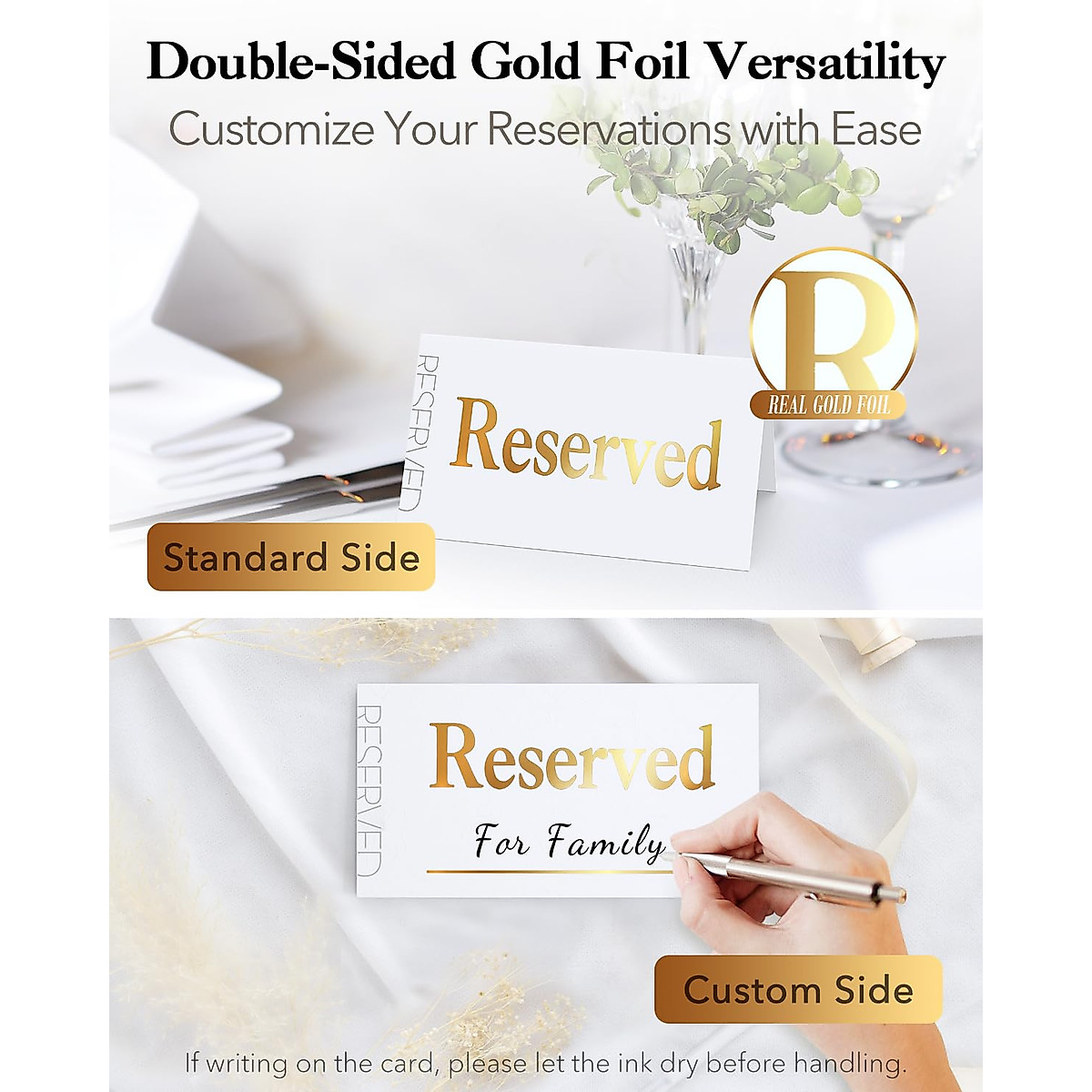 ElegaAura 20 Pack Reserved Table Signs - Gold Foil Reserved Seating Signs with Name Tag Line, Double Sided Table Place Cards for Wedding Chairs, Church Pews, Party, Restaurant, Tent Cards for Reserving Event Reception Seats & Places, 4x6 in Folded