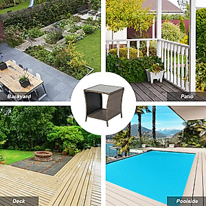 kinbor Outdoor Patio Side Table - Wicker PE Rattan Patio Table, Square Coffee Table with Glass Top and Storage, Outdoor Side/End Table for Deck Pool Garden Lawn Porch (Dark Blonde)