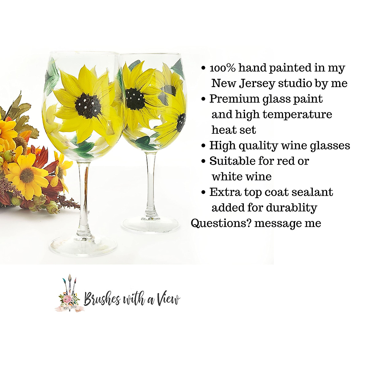 Hand Painted Sunflower Wine Glasses, 12 Ounce Stemmed Set of 2, Perfect Gift for Mom, Wine Lovers, Mothers Day, Birthday, Easter, and Christmas, Yellow and Green design, Artisian Brushes with a View