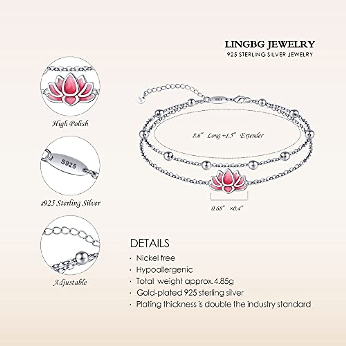 LINGBG JEWELRY Anklet Bracelets for Women 925 Sterling Silver Lotus Flower Yoga Anklet for Women Waterproof Layered Beads Anklet Adjustable Chain Anklet Leg Foot Bracelet for Lady Hotwife