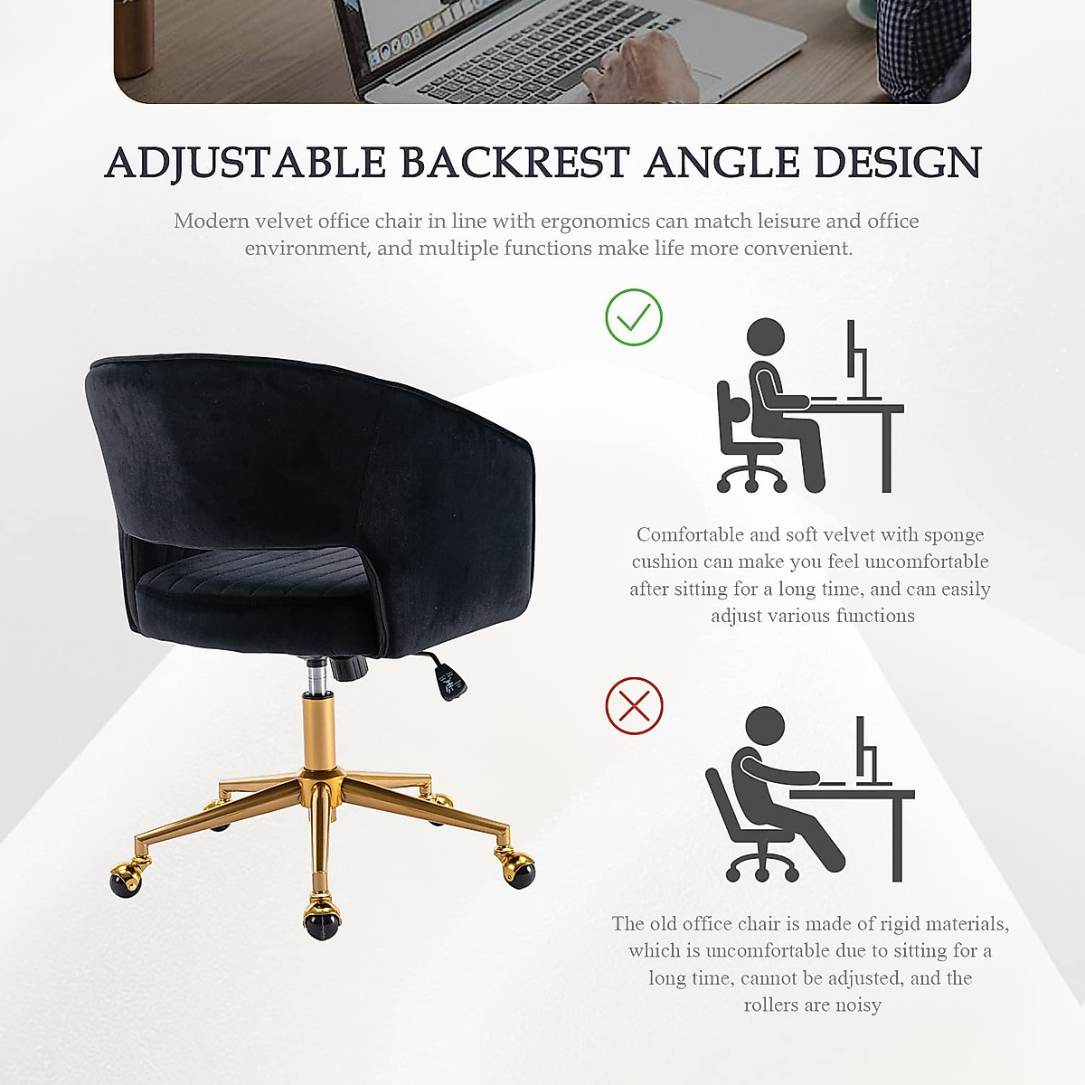 Velvet Office Desk Chair, Modern Adjustable Home Desk Chair with Wheels, Swivel Vanity Chair for Bedroom, Office, Vanity Study (Black)