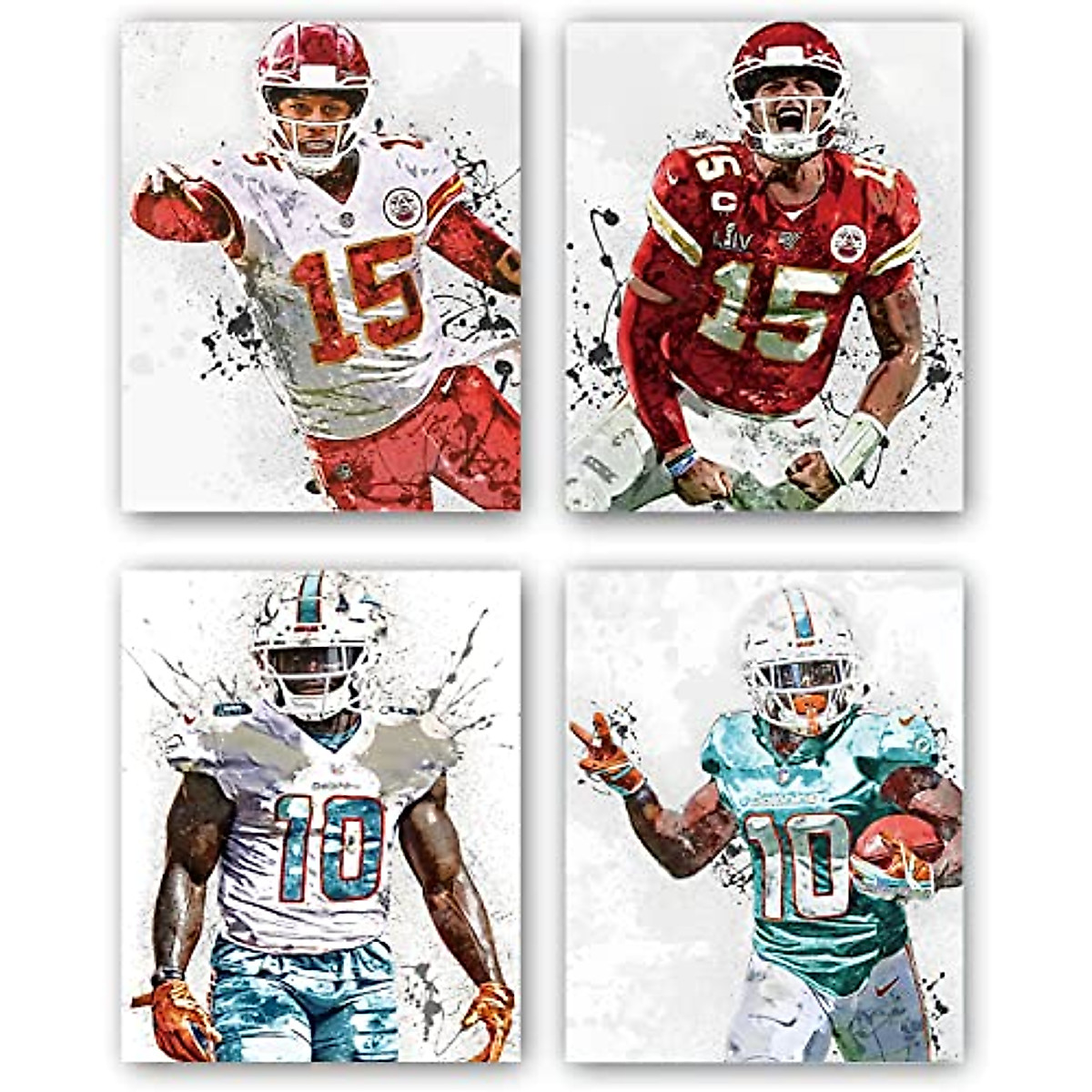 TANXM Patrick Mahomes Poster，Tyreek Hill Poster ，Rugby Player Posters， American Football Posters Canvas Print Wall Art Man Cave Gift Home Decor，Set of 4 (8”X 10” ， No Frame