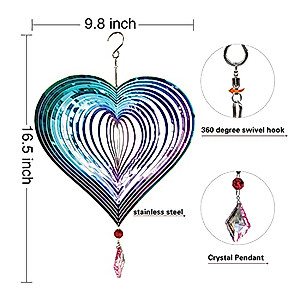 Dinoneyi Wind Spinner Outdoor Metal 3D Wind Spinner Hanging Yard Garden Decor Gifts Stainless Steel Heart Pattern Spinners with 360° Rotating Hook