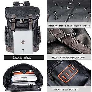 CHAO RAN Vintage Leather Laptop Backpack For Men, Men Black Leather Backpack Work Business Travel Waterproof Bags College Backpack Fit 17 Inch Laptop Black