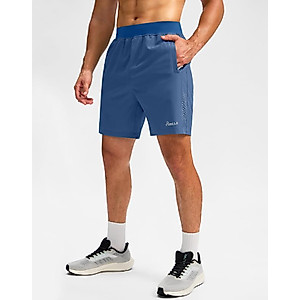 Pudolla Men's Workout Running Shorts with 3 Zipper Pockets Lightweight 7" Gym Shorts for Men Athletic Walking Hiking(Dusty Blue Medium)