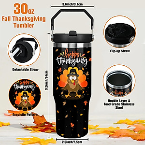 aquoechd 30 oz Fall Tumbler with Lid and Straw, Autumn Leaf and Turkey Flip Straw Tumbler Insulated Coffee Travel Mugs Cup Water Bottle Fall Thanksgiving Gifts for Women Girls