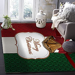 Area Rug Absorbent Non-Slip Rectangle Rug Merry Christmas Bells and Snowflakes Rugs for Living Room Bedroom Kitchen Entryway, Soft Floor Mat Indoor Carpet Accent Rugs 3x5 Feet