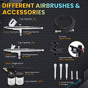 OPHIR 110V Pro Airbrush Kit Air Brush Compressor with Tank 0.2mm 0.3mm 0.8mm Airbrushes & Cleaning Kit for Model Hobby Painting Body Tattoo Airbrush Set,Color Wheel