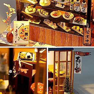 SYW Miniature Dollhouse with Furniture and LED Lights, Japanese Model Kit Wooden Dollhouse, 1:24 Scale Wooden Handmade Building Model Puzzle Toy(Sushi Shop)