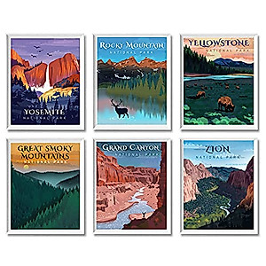National Park Posters – Vintage Style Unframed Set of 6 Travel Prints, 11x14 Inch, Yosemite, Yellowstone, Grand Canyon, Zion, Smoky Mountain, Rocky Mountain National Parks Wall Poster, Abstract Nature Landscape Forest Wall Art Pictures for Bedroom Office