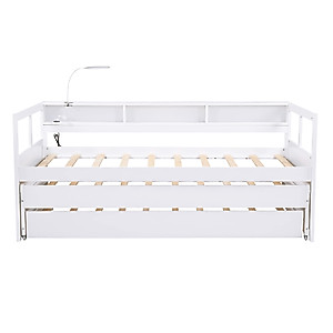 Harper & Bright Designs Twin XL Daybed with 3 Storage Cubbies and USB Charging, Wood Daybed Frame with Double Trundles, Daybed with Trundle for Kids Girls Boys, No Box Spring Needed (White)