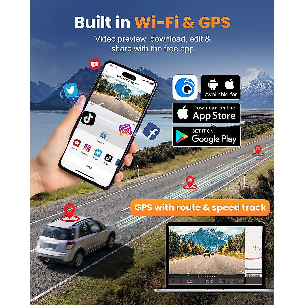 SUVCON 4K Dash Cam Front and Rear, Dual Dash Camera for Cars 4K+1080P Dashboard Car Camera Built-in Wi-Fi GPS, 24H Parking Monitor, Night Vision, Loop Recording, WDR, 170° Wide Angle, Free 32GB Card