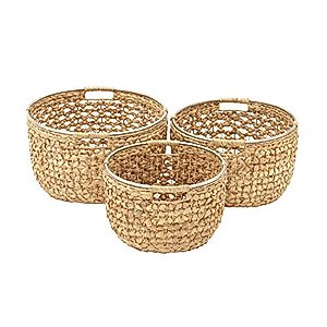 Deco 79 Seagrass Handmade Storage Basket with Metal Handles, Set of 3 15", 17", 19"W, Light Brown