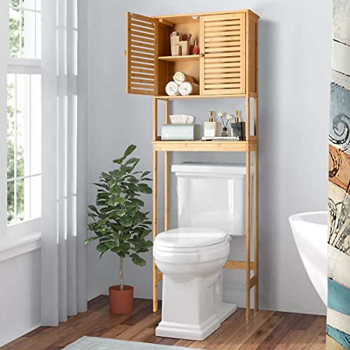 Bamboo Over The Toilet Storage Cabinet Organizer, Tall Bathroom Cabinet with Cupboard and Adjustable Shelves, Freestanding Toilet Shelf Space Saver Rack Stand for Laundry Room, Balcony (Natural)