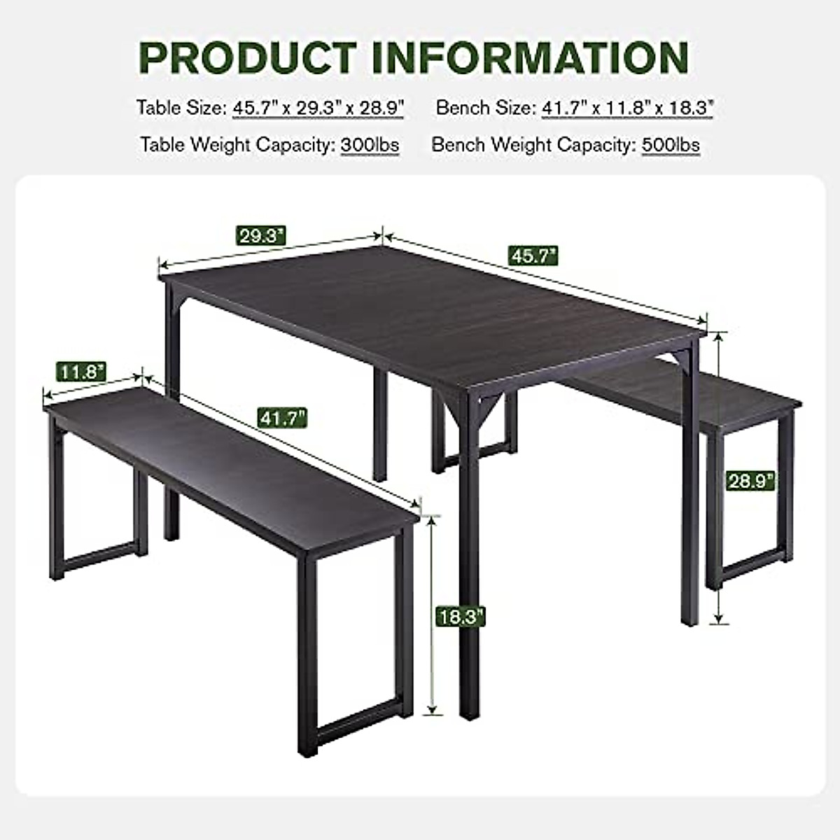 IMUsee 45" Dining Table Set for 4, 3-Pieces Kitchen & Dining Room Sets with Benches, Metal Frame and Wood Board, Sturdy Structure, Easy Assembly, Small Space Dinette, Black & Black