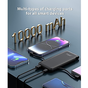 TG90° 10000mah Portable Charger with Built in Cables and AC Wall Plug, All in One Portable Phone Charger External Battery Packs Compatible with iPhone and Android Phones