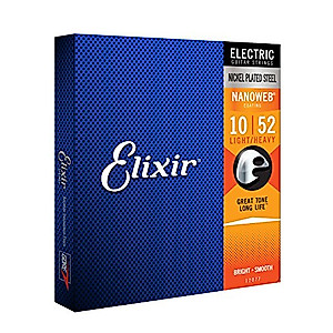 Elixir Strings, Electric Guitar Strings, Nickel Plated Steel with NANOWEB Coating, Longest-Lasting Bright Tone with Comfortable Feel, 6 String Set, Light/Heavy 10-52